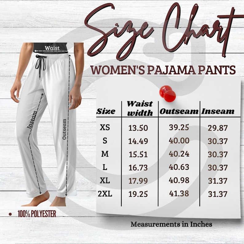 Women's Pajama Pants Size Chart, Digital Pajama Size Guide, Women's ...