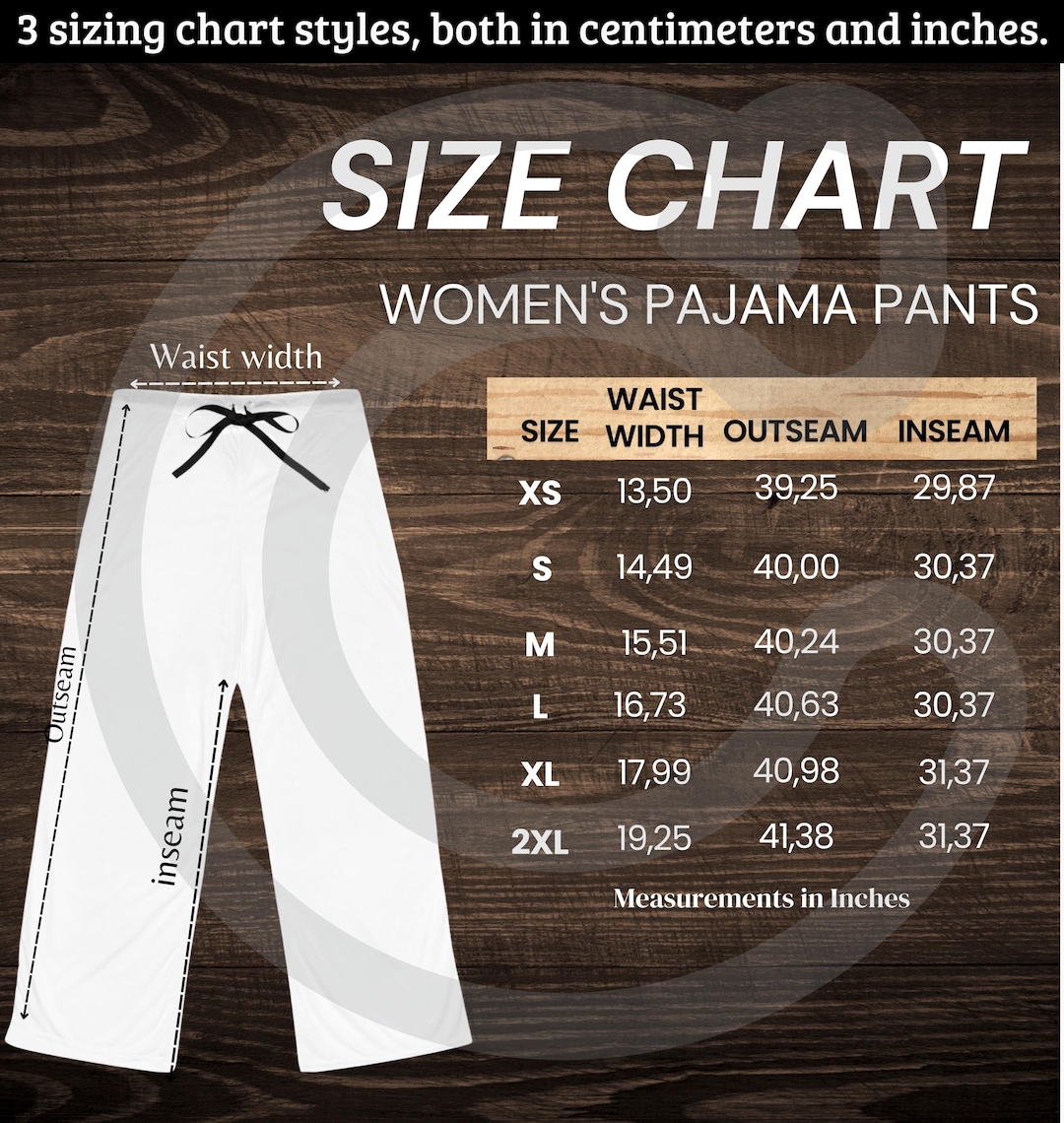Women's Pajama Pants Size Chart, Digital Pajama Size Guide, Women's ...
