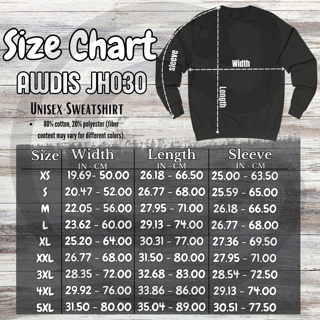 AWDIS JH030 Size Chart, Unisex Sweatshirt Sizing Guide, AWDIS ...