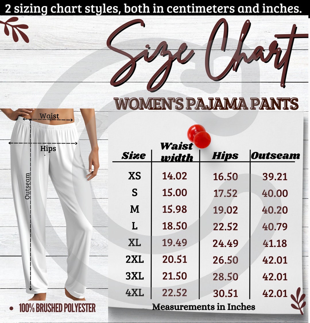 Women's Pajama Pants Size Chart, Pajama Pants Size Guide, Printable ...