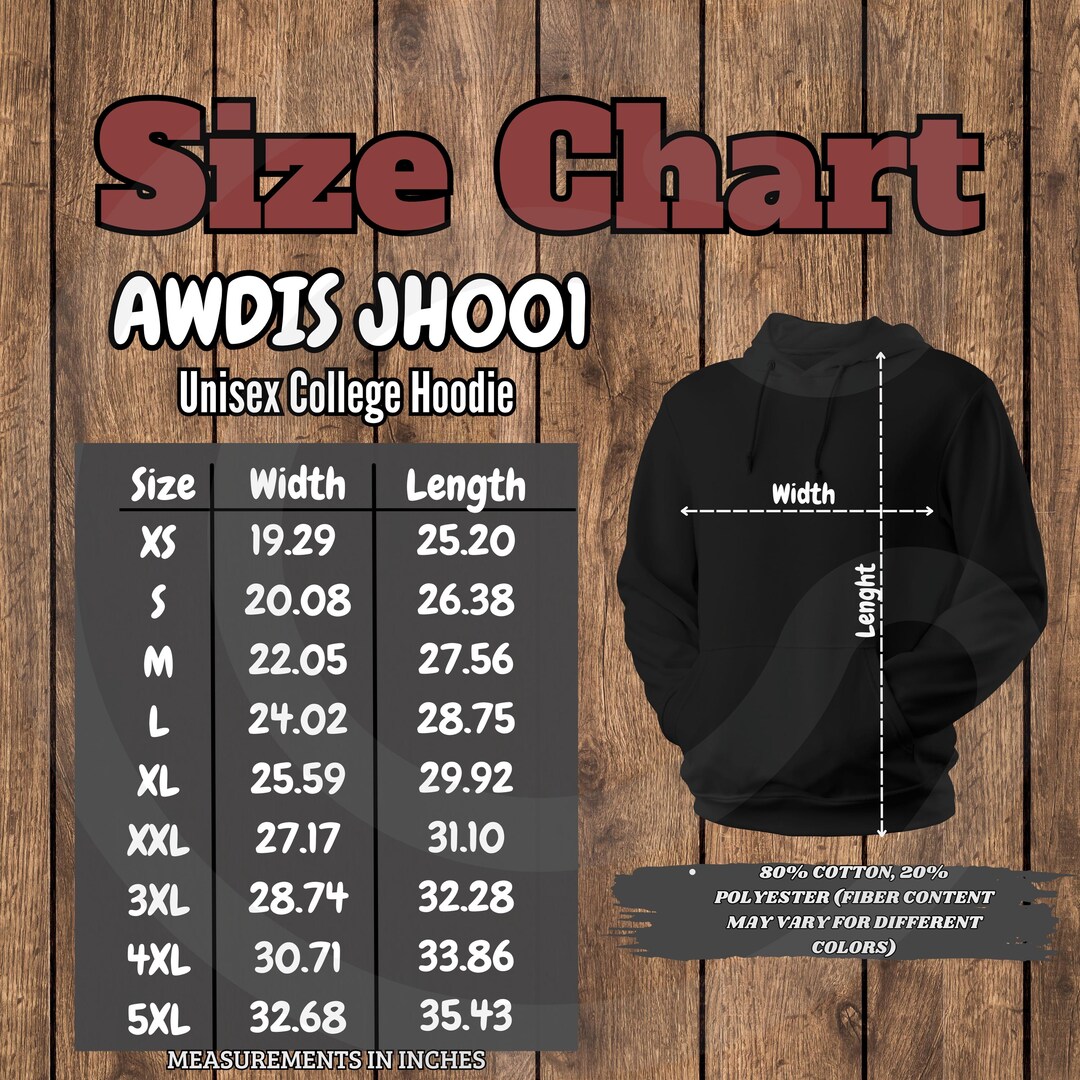AWDIS JH001 Size Chart, Unisex Hoodie Sizing Guide, College Hoodie Size ...