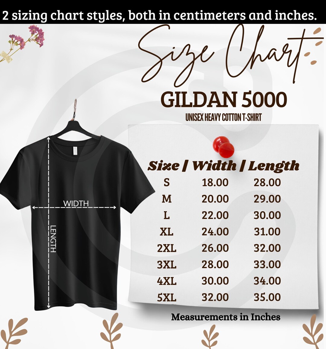 Gildan 5000 Size Chart, Unisex T-shirt Size Chart Digital, Gildan 5000 ...