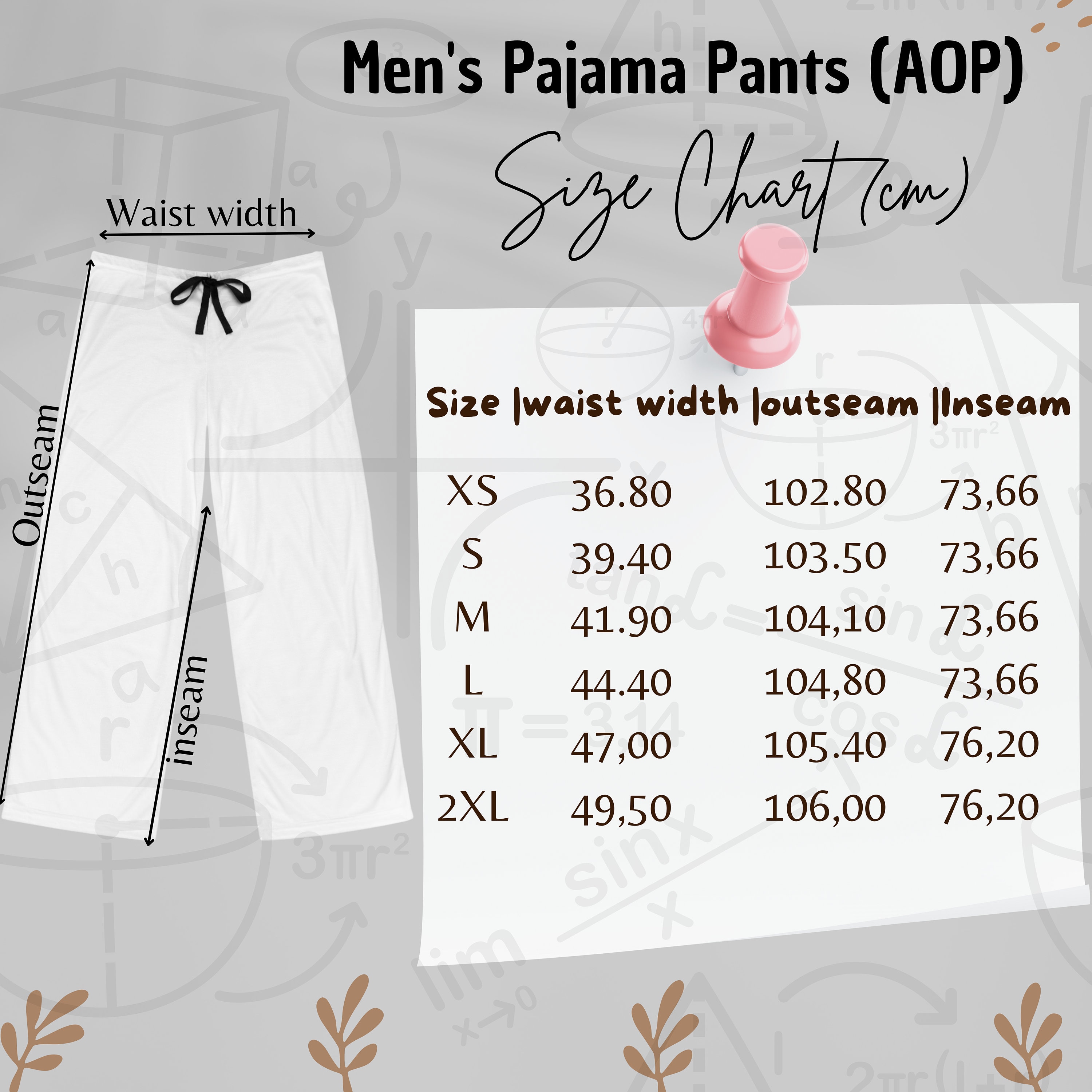 Men's Pajama Pants Size Chart, AOP Pajama Pants Size Guide, Printify Pajama Pants, Pajama Pants ...