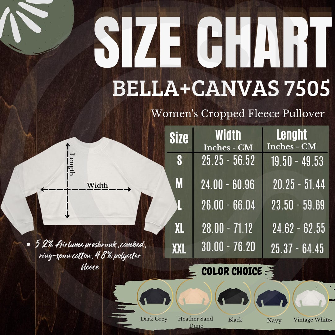 Bella Canvas 7505 Size Chart, Cropped Pullover Size Guide,womens Fleece ...