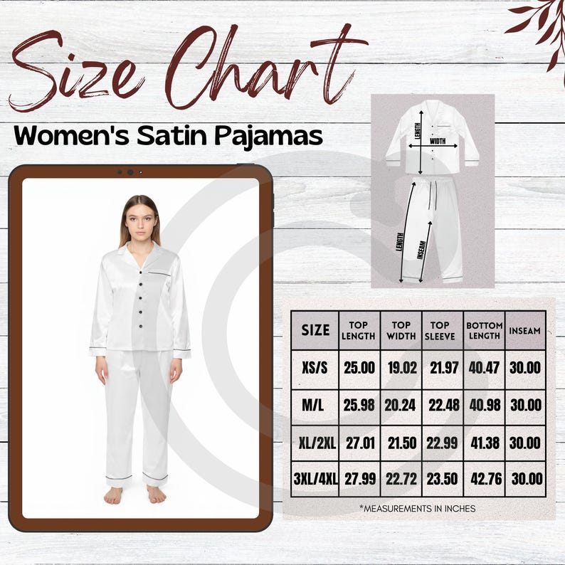 Women's Satin Pajamas Size Chart, Satin Pajama Set Size Guide, Pajamas ...