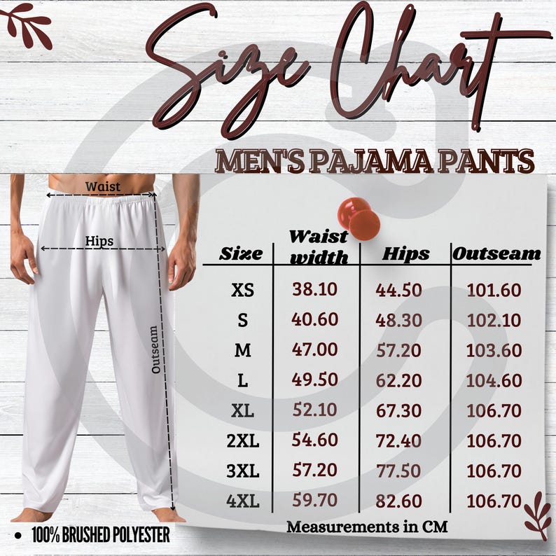 Men's Pajama Pants AOP Size Chart, Pajama Pants Size Guide Men, Men's ...