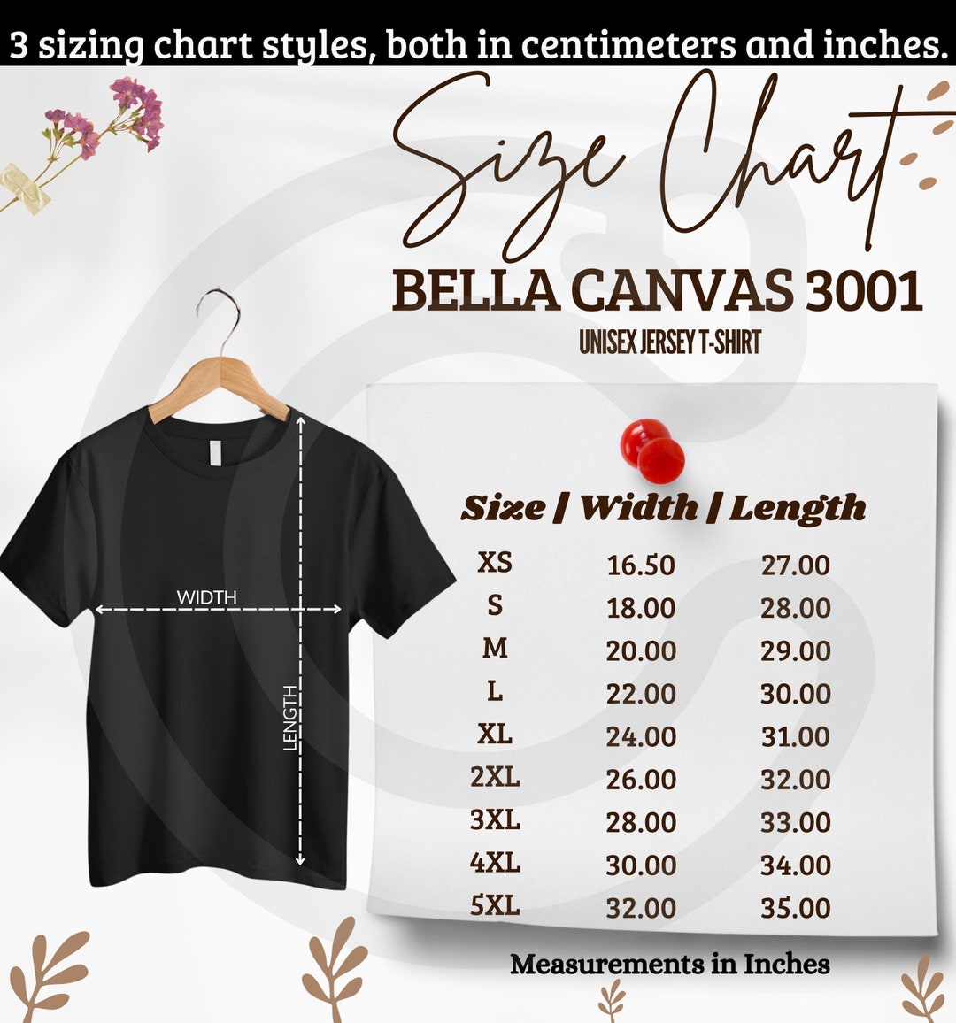 Bella Canvas 3001 Size Chart, Unisex Shirt Size Chart JPG, Printable T ...