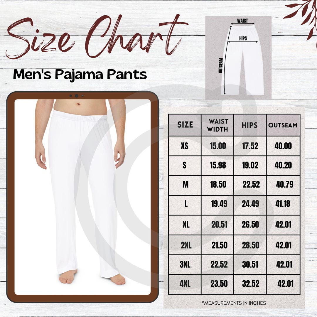 Men's Pajama Pants AOP Size Chart, Pajama Pants Size Guide Men, Men's ...