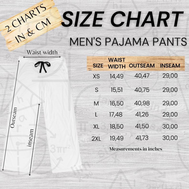 Men's Pajama Pants Size Chart,pajama Pants Size Guide,digital Size ...