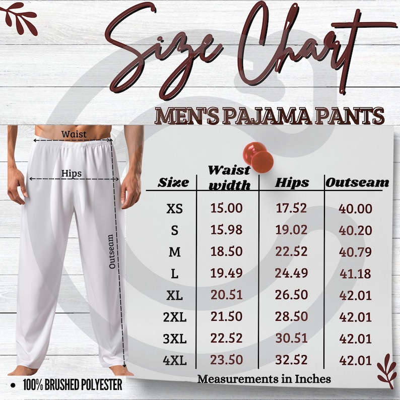 Men's Pajama Pants AOP Size Chart, Pajama Pants Size Guide Men, Men's ...
