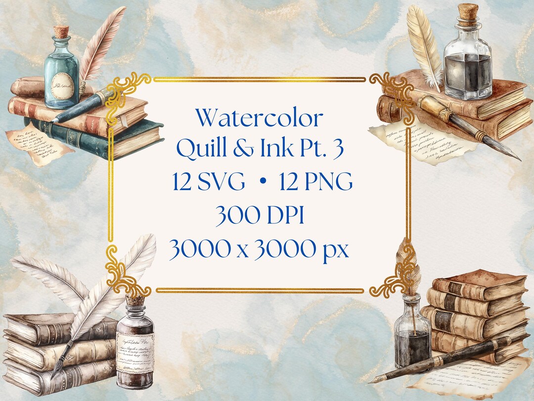 Vintage Watercolor Quills and Ink Clipart | 300 DPI PNG & SVG | Antique ...