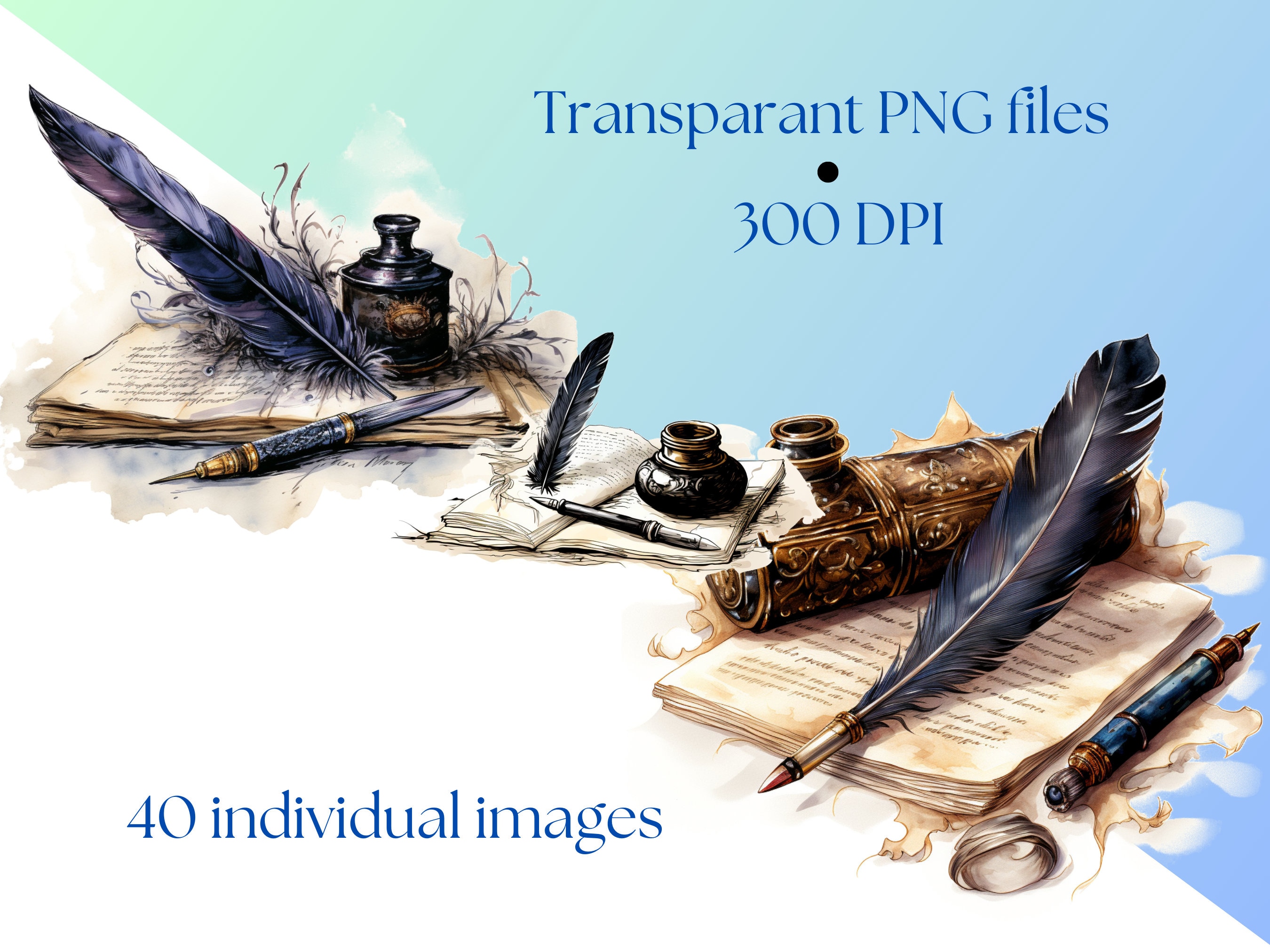 Vintage Quill and Ink Clipart Bundle Part 2, Watercolor Art ...