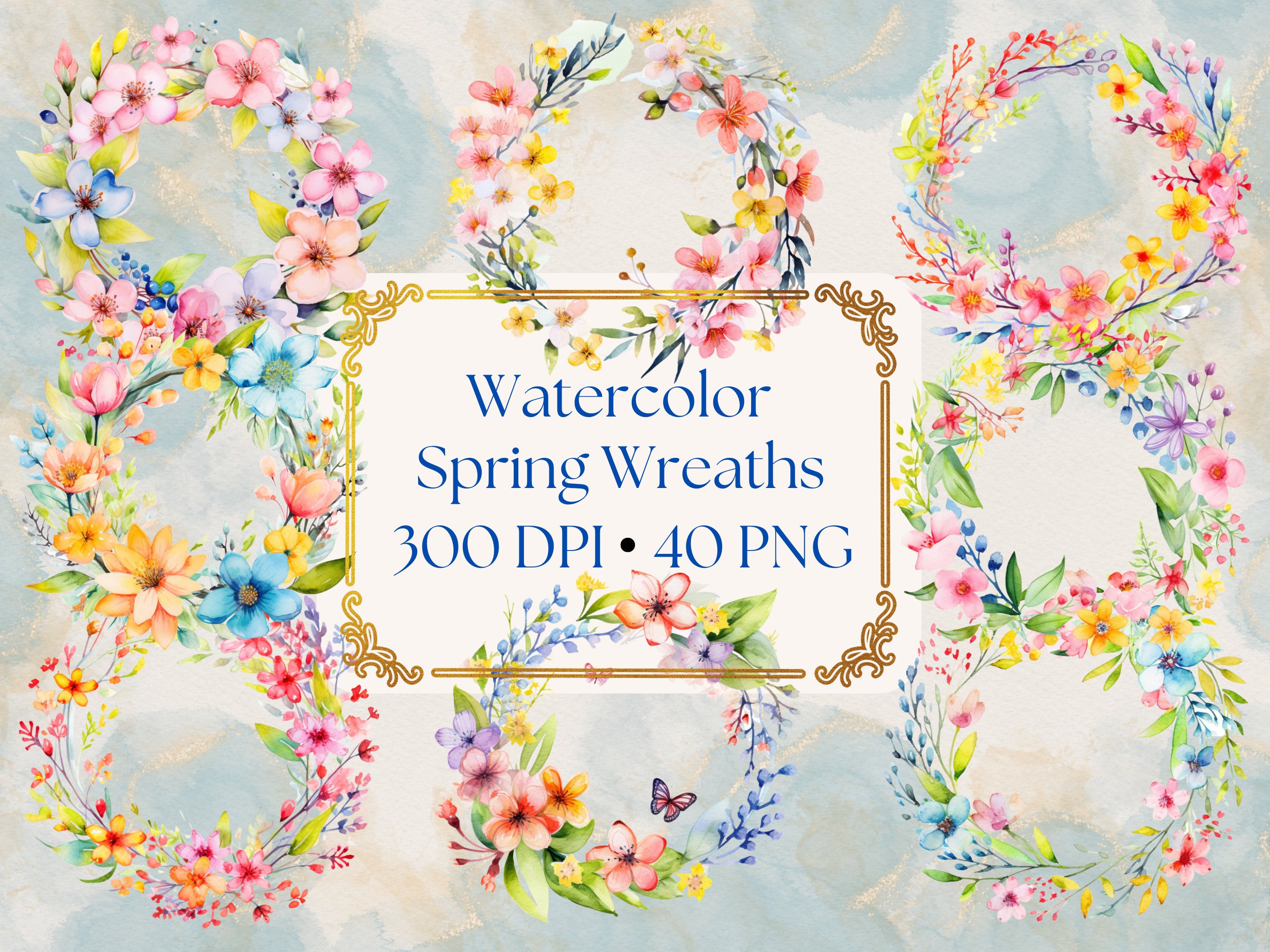 Spring Watercolor Wreath Clipart Flower Garland Floral - Etsy