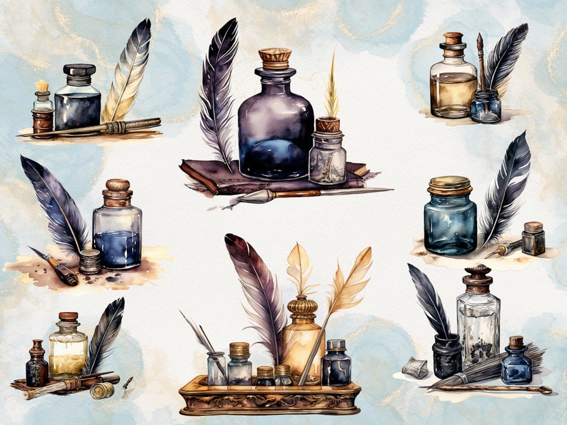 Vintage Quill and Ink Clipart Bundle, Watercolor Art, Commercial Use - Etsy