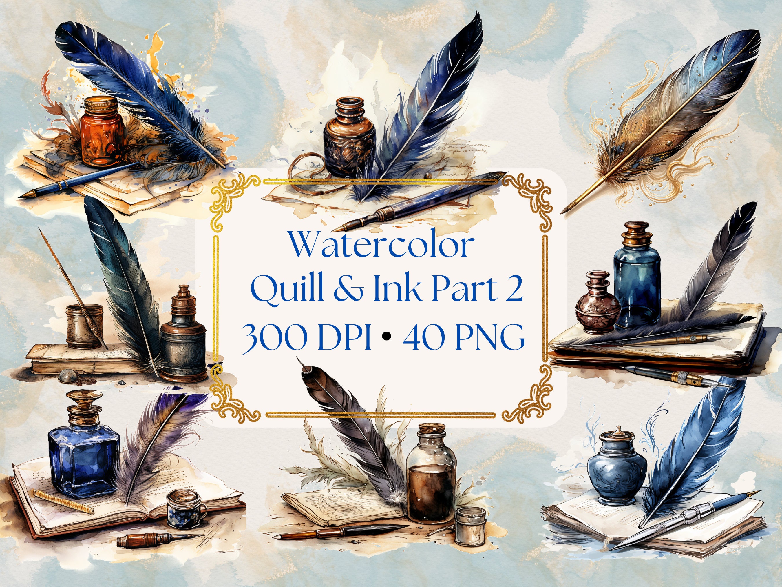 Vintage Quill and Ink Clipart Bundle Part 2, Watercolor Art ...
