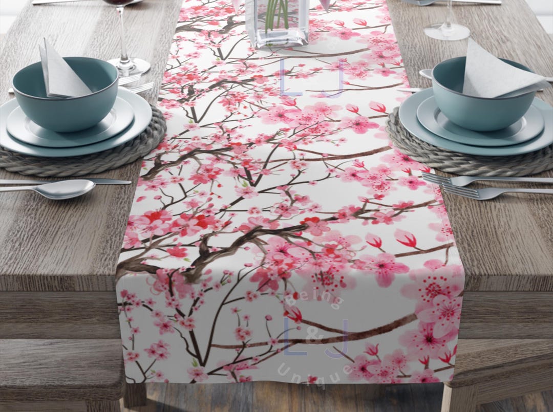 Cherry Blossom Table Runner, Tulips Table Decor, Cotton Poly Blend, Home Decor, Dining Room ...