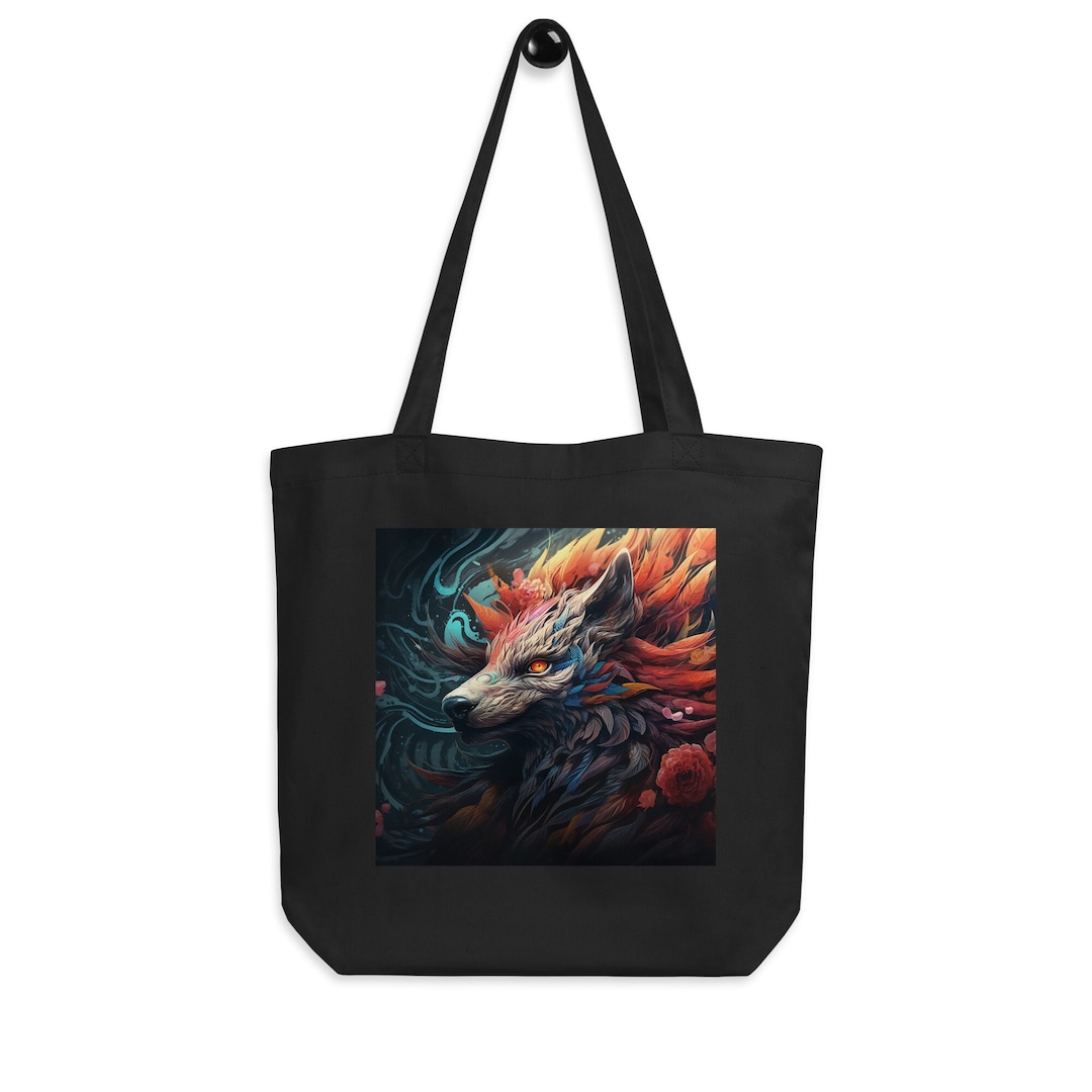 Organic Cotton Wolf Tote Bag, Black Eco-friendly Shopping Bag, Animal ...