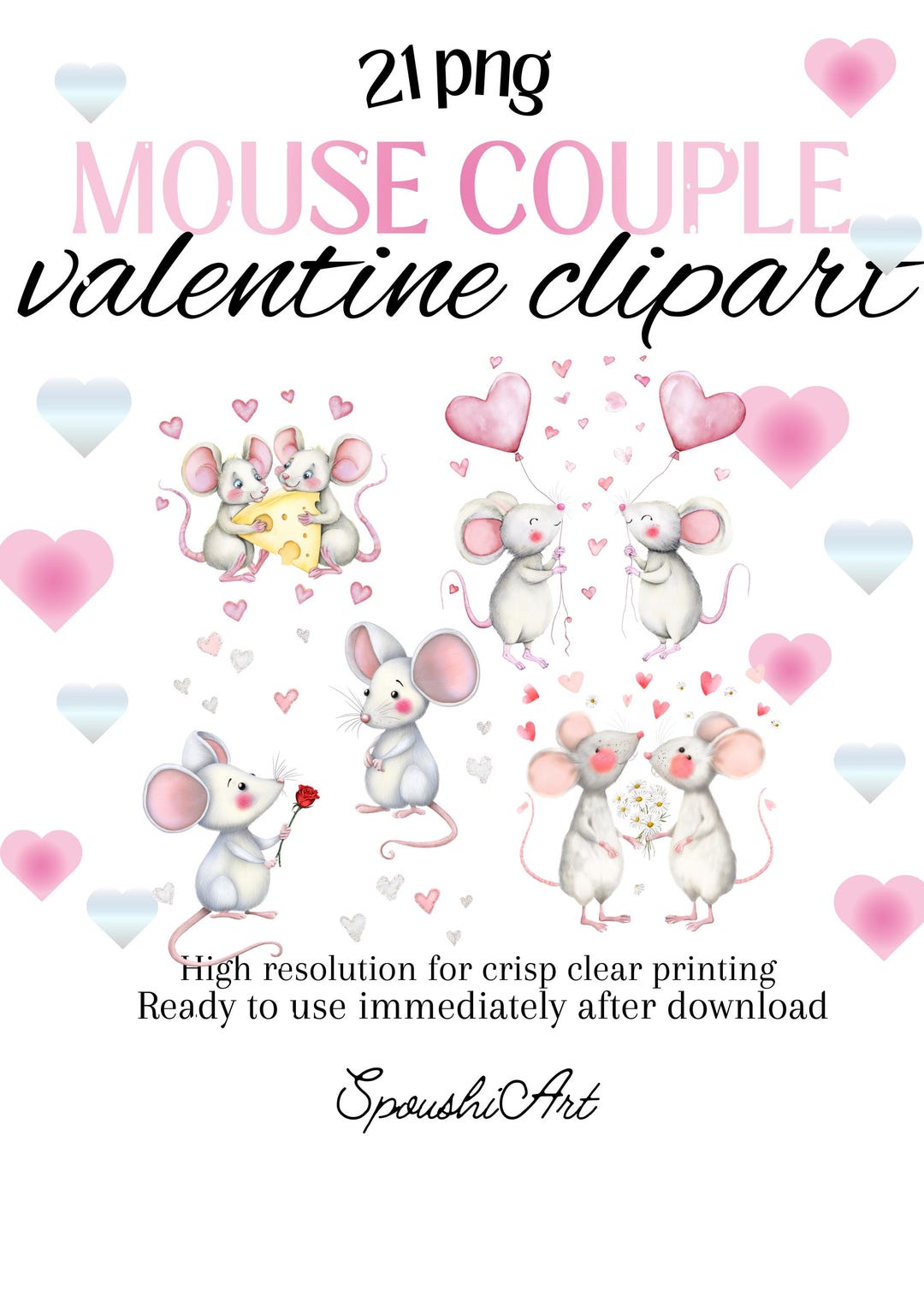 Valentine Mice Couple Clipart, Romantic PNG Graphics (digital Download ...