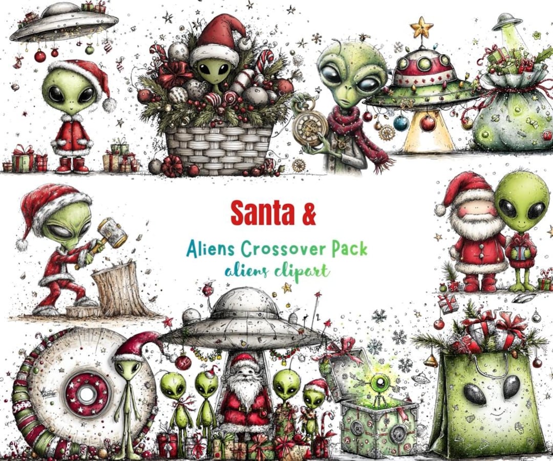 Cosmic Alien Christmas Clipart Set | Green Alien Holiday Art | Santa ...