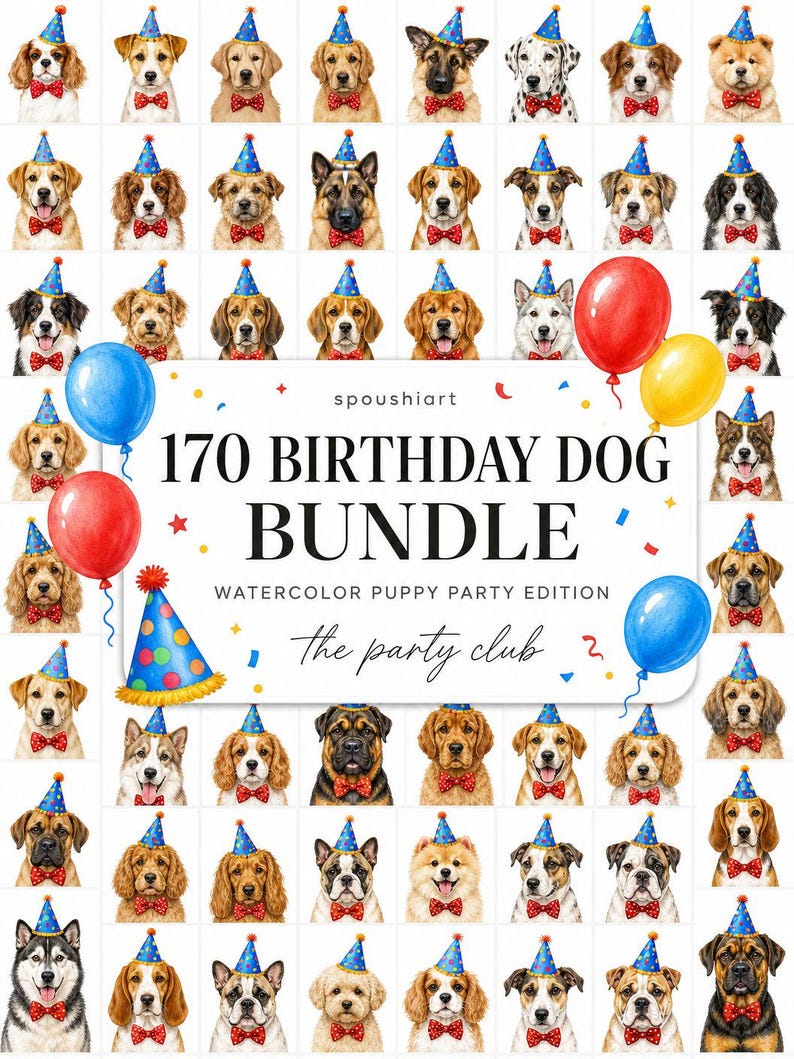 Birthday Dog Clipart Bundle | Watercolor Puppy Party PNG (instant ...