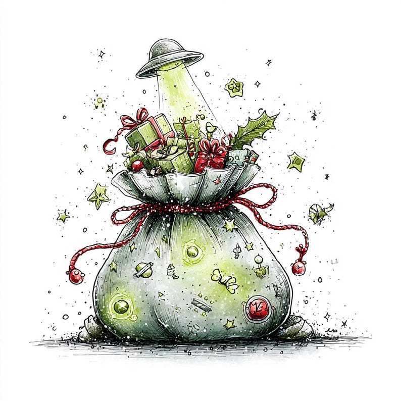 Cosmic Alien Christmas Clipart Set | Green Alien Holiday Art | Santa ...