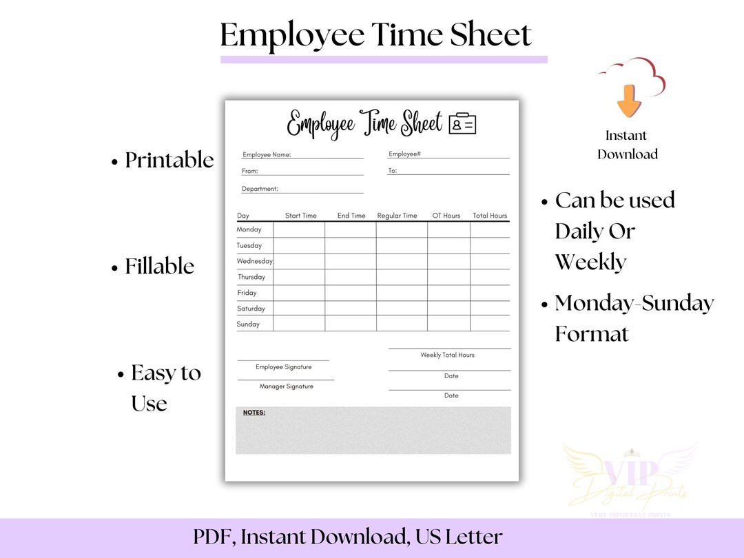 Weekly Employee Time Sheet, Weekly Printable Timesheet, Weekly ...