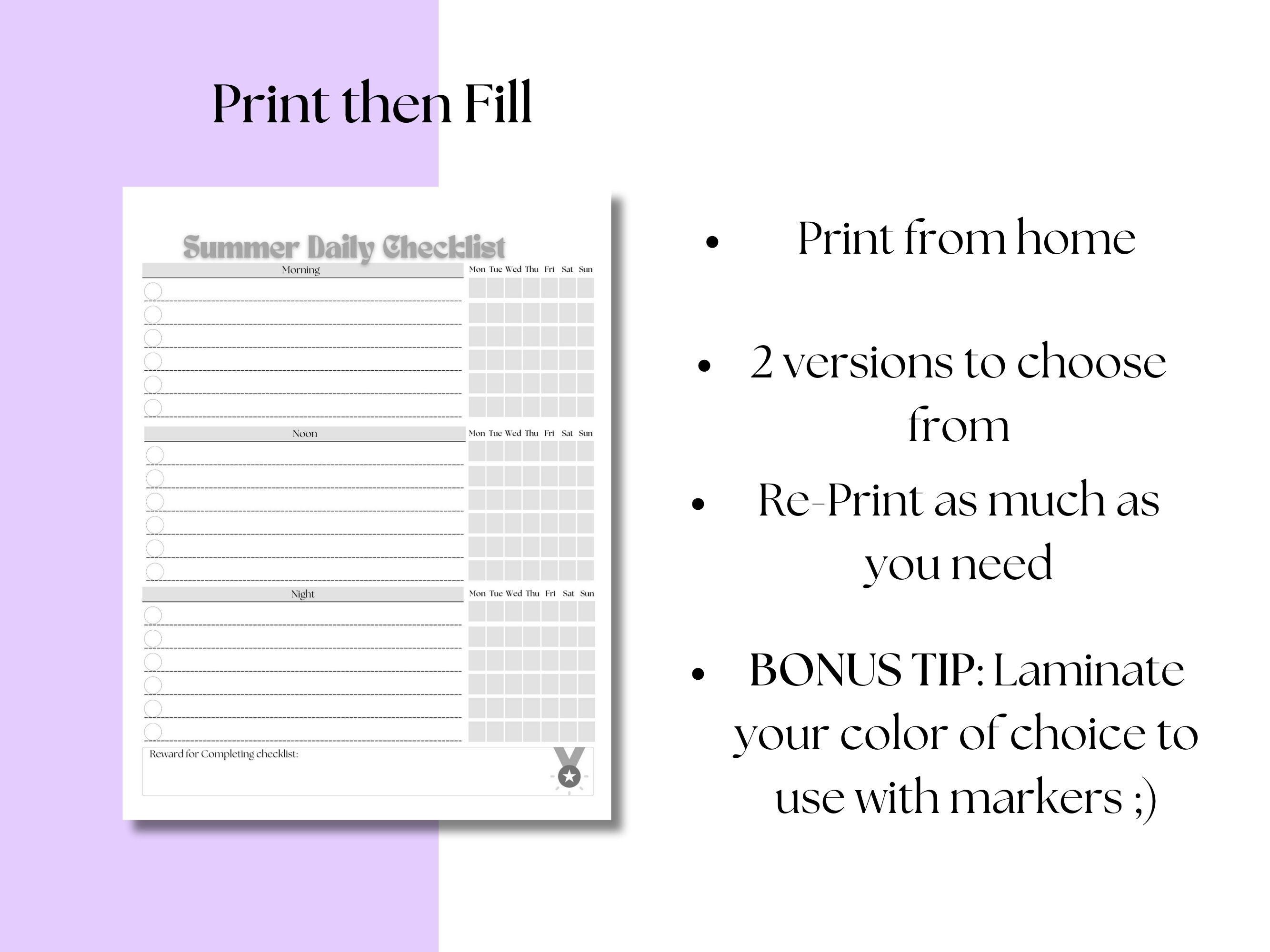 Printable Kids Summer Daily and Weekly Checklist, Summer Activity ...