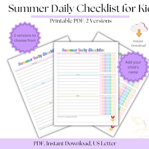 Printable Kids Summer Daily and Weekly Checklist, Summer Activity ...