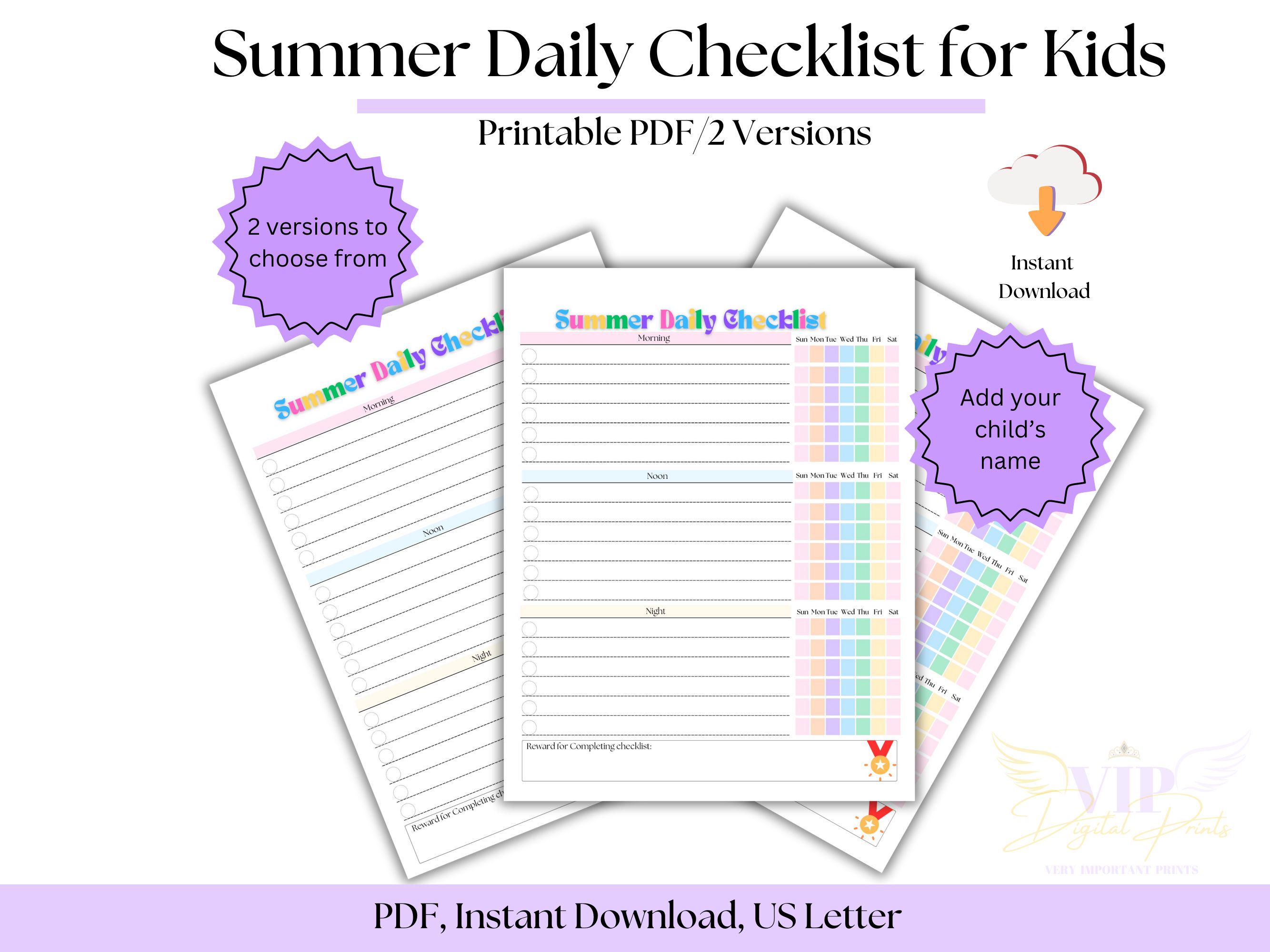 Printable Kids Summer Daily and Weekly Checklist, Summer Activity ...