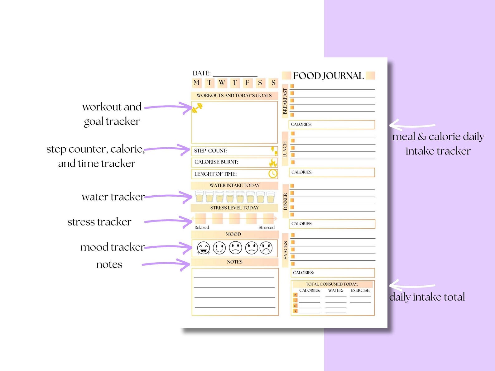 Daily Food Journal Printable, Diet, Calorie, Meal, Fitness Tracker ...