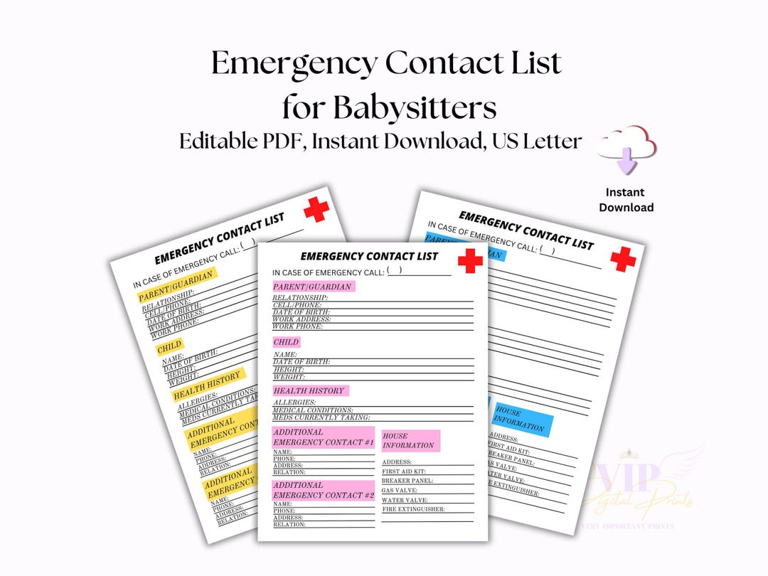 Editable Emergency Contact List for Nanny, Child Information ...