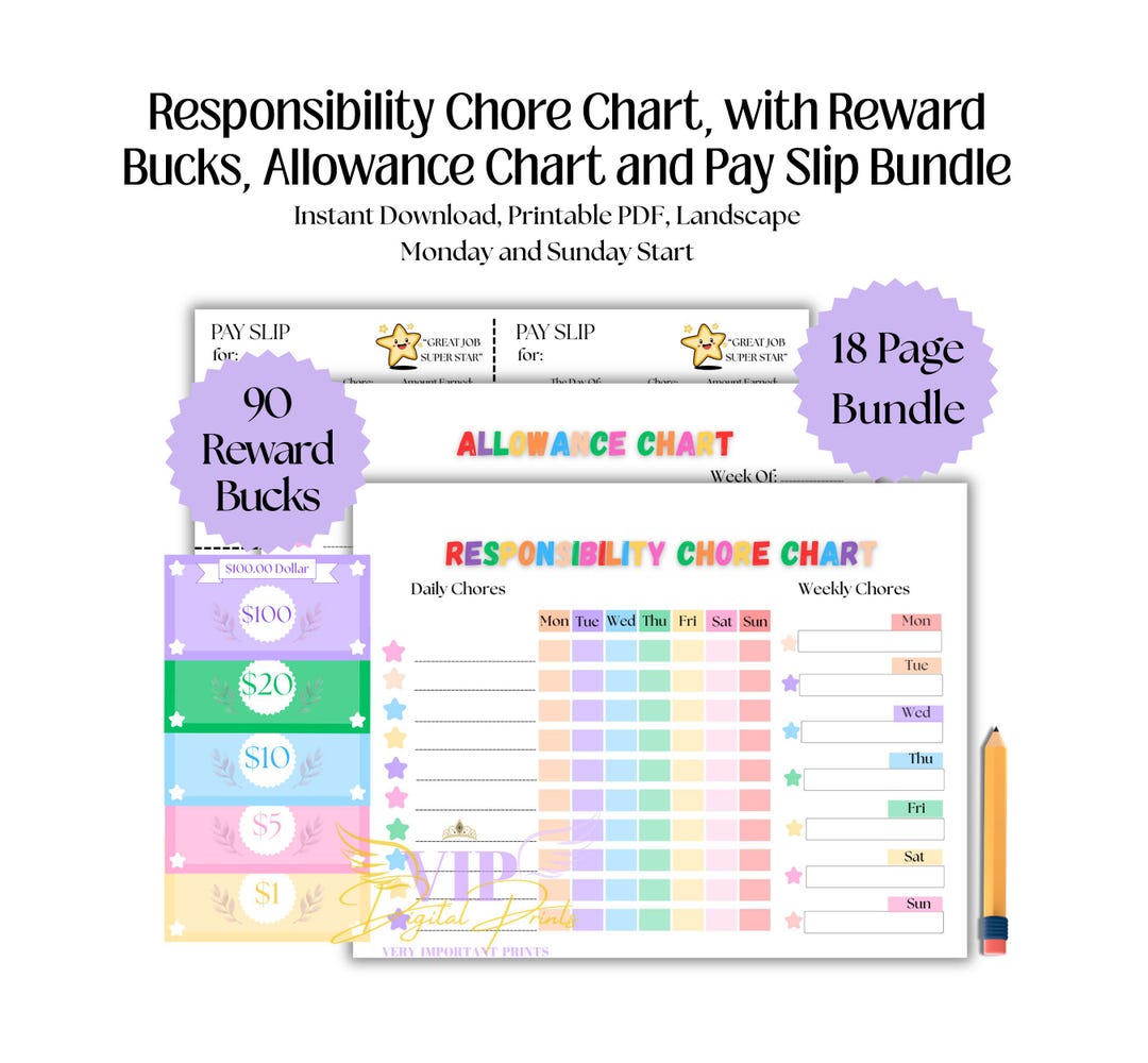Responsibility Chore Chart for Kids and Teens, Allowance Chart Chart ...