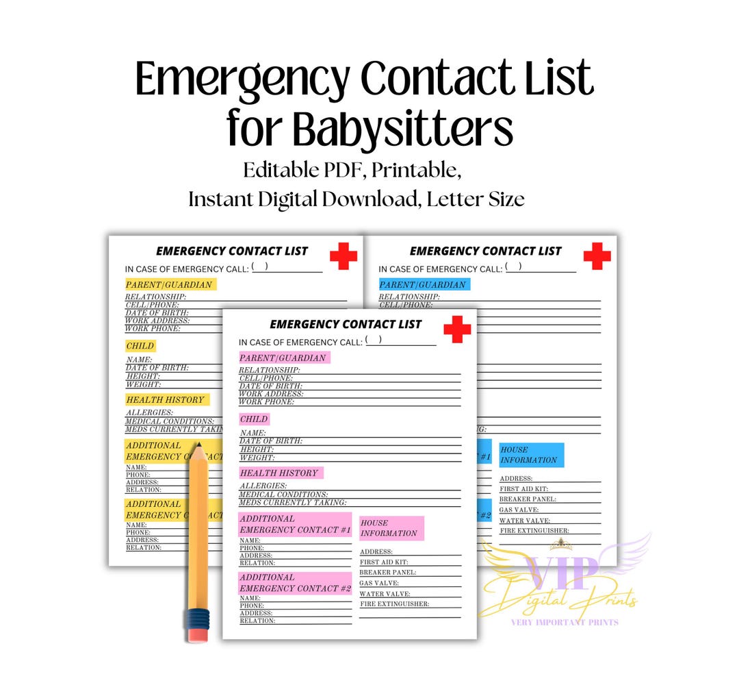 Editable Emergency Contact List for Nanny, Child Information ...