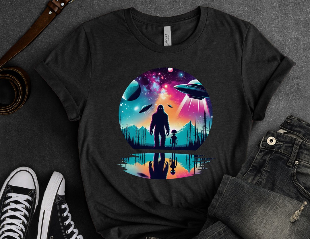Alien and Bigfoot UFO Shirt, Funny Sasquatch Graphic Tee, Nerdy Outer ...