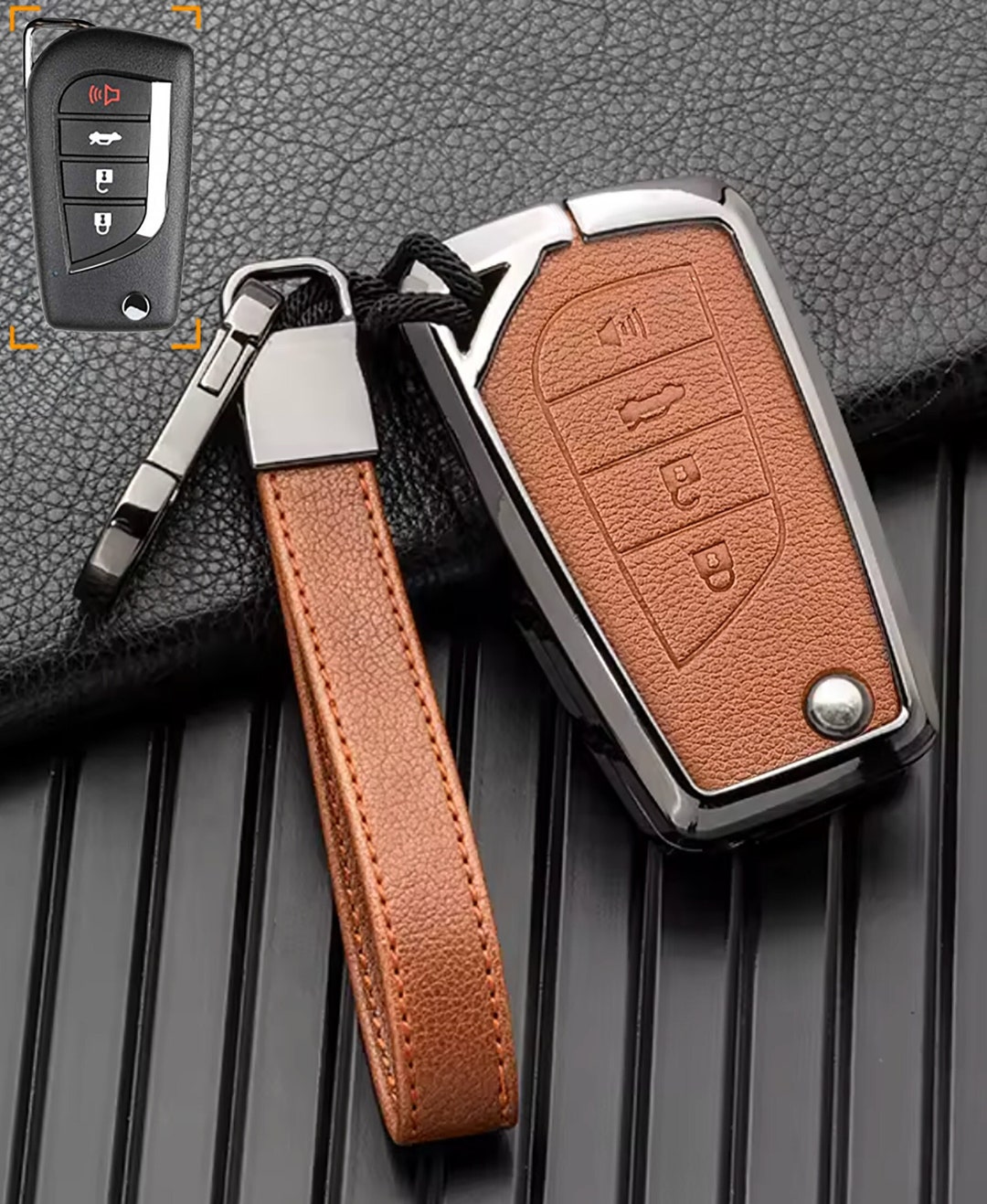 Customizable Leather & Aluminum Toyota Key Fob Cover With Keychain (4 ...