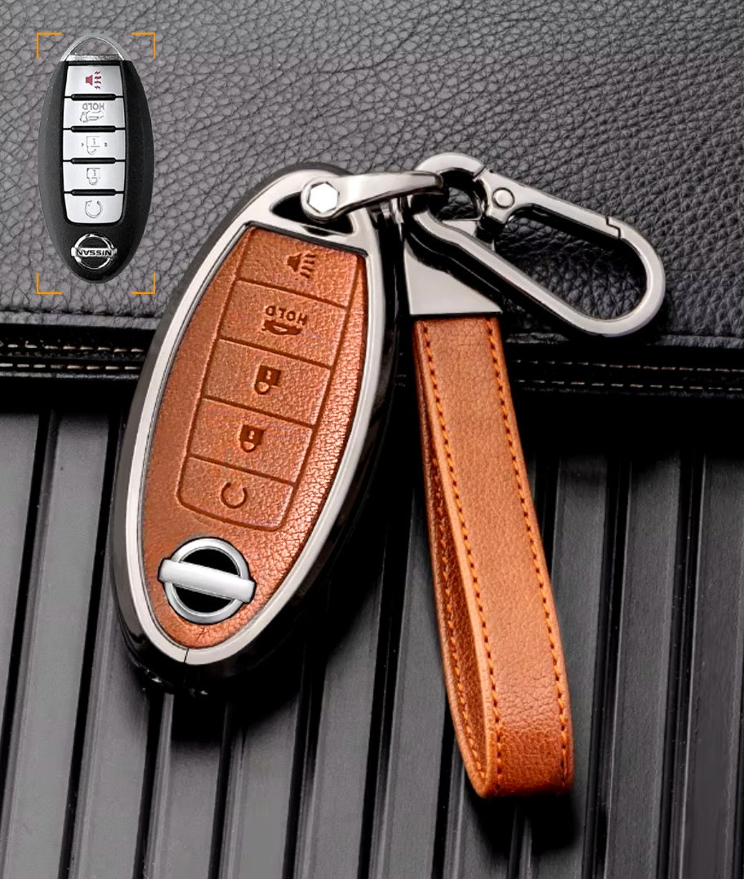 For Nissan - Customizable Leather Key Fob Cover With Aluminum Shell ...