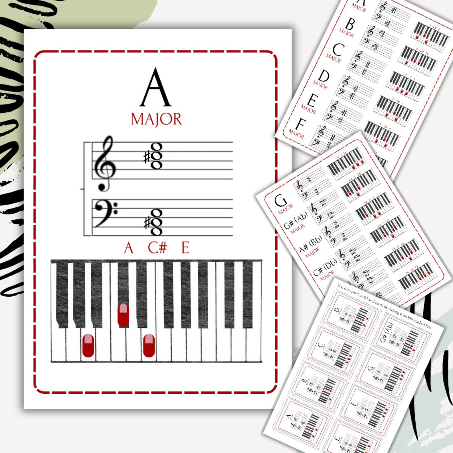 Music and Piano Chord Flashcards, Piano Major and Minor Chords and Keys ...