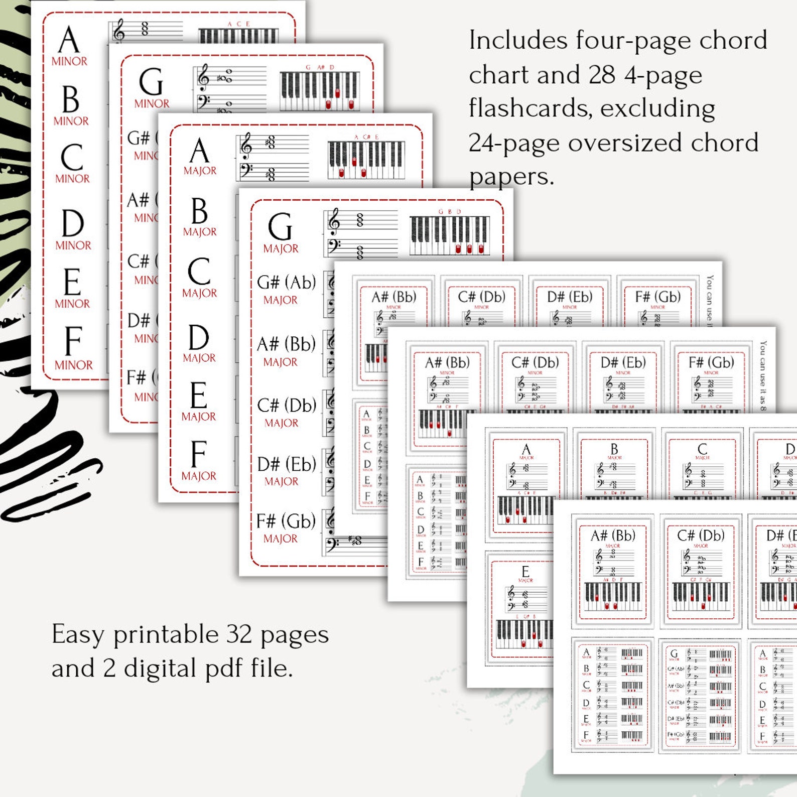 Music and Piano Chord Flashcards, Piano Major and Minor Chords and Keys ...