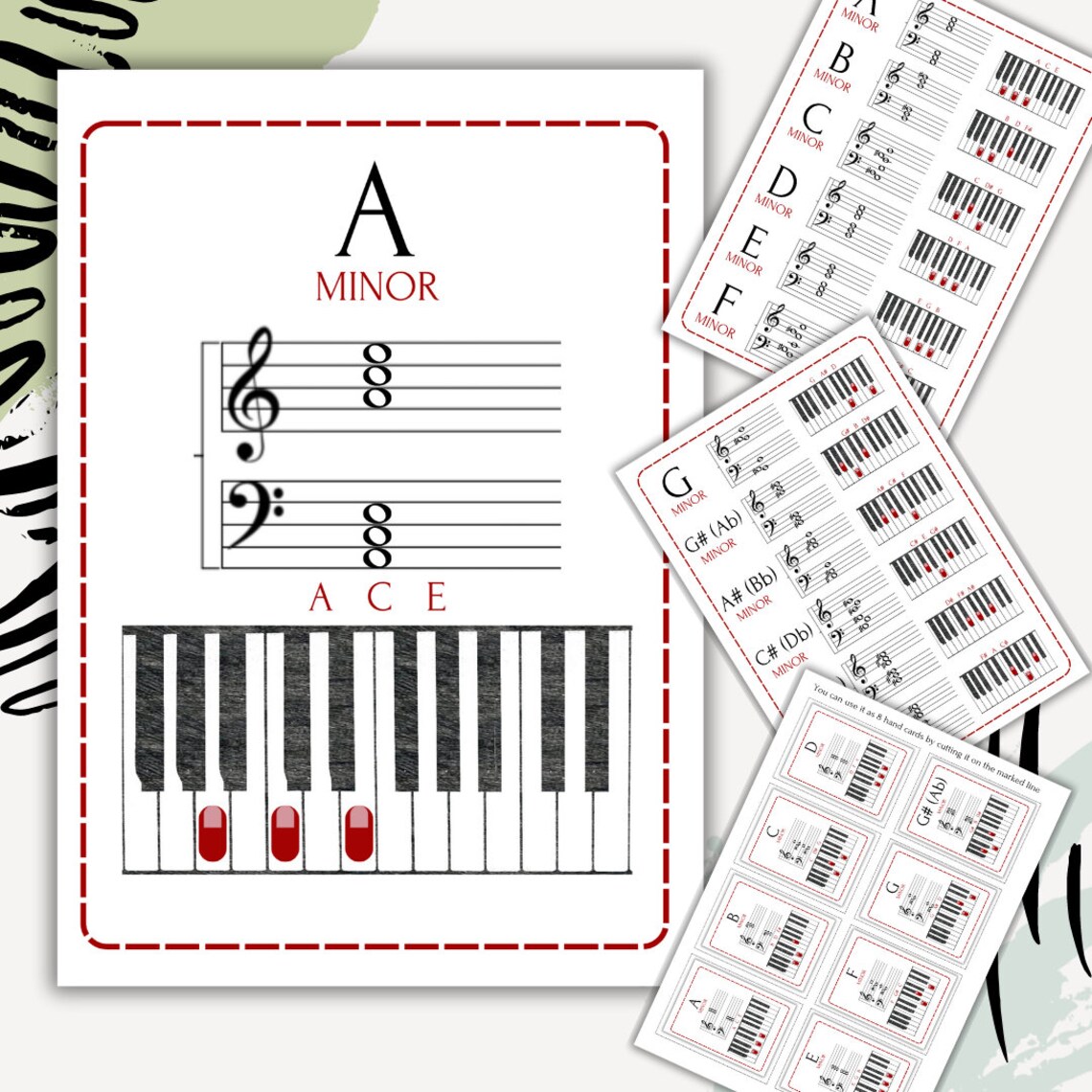 Music and Piano Chord Flashcards, Piano Major and Minor Chords and Keys ...