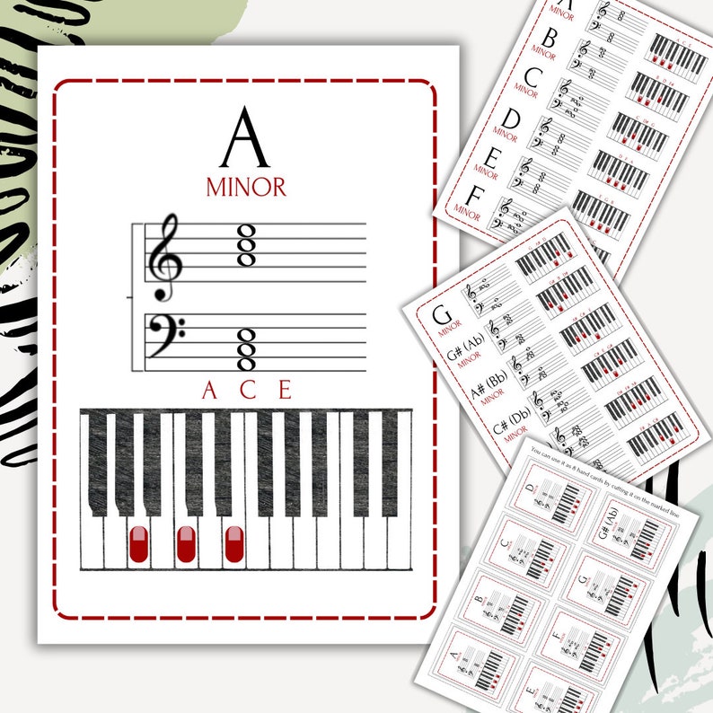 Music and Piano Chord Flashcards, Piano Major and Minor Chords and Keys ...