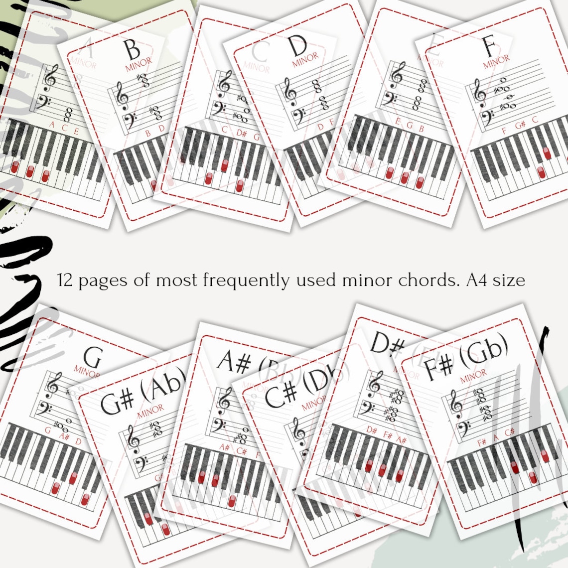 Music and Piano Chord Flashcards, Piano Major and Minor Chords and Keys ...