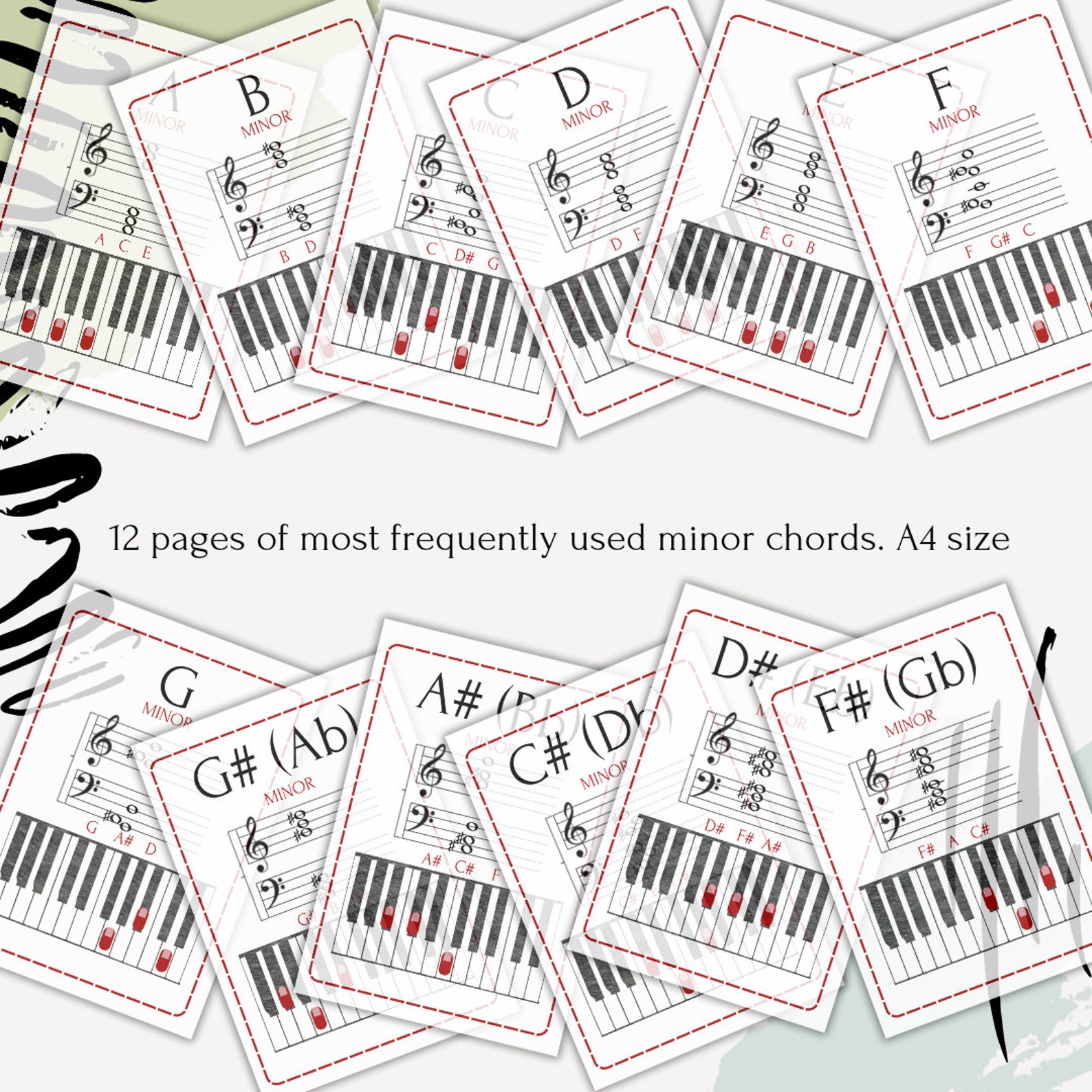 Music and Piano Chord Flashcards, Piano Major and Minor Chords and Keys ...