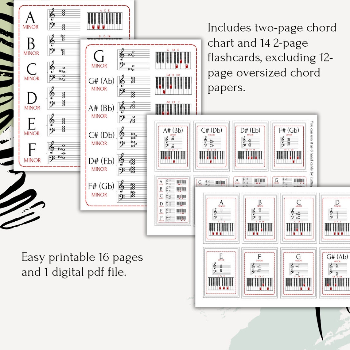 Music and Piano Chord Flashcards, Piano Minor Chords and Keys ...