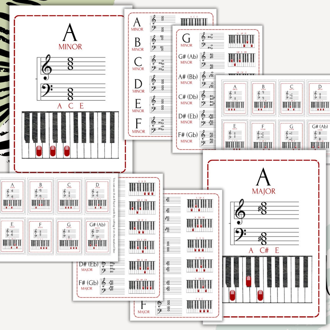 Music and Piano Chord Flashcards, Piano Major and Minor Chords and Keys ...