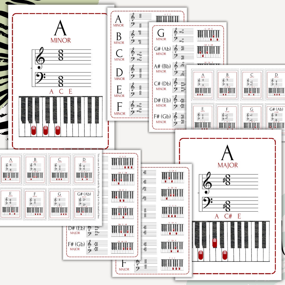 Music and Piano Chord Flashcards, Piano Major and Minor Chords and Keys ...