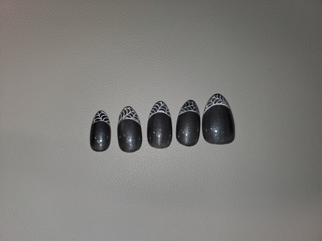Black Halloween Press on Nails With White Spider Web French Tips * Also ...