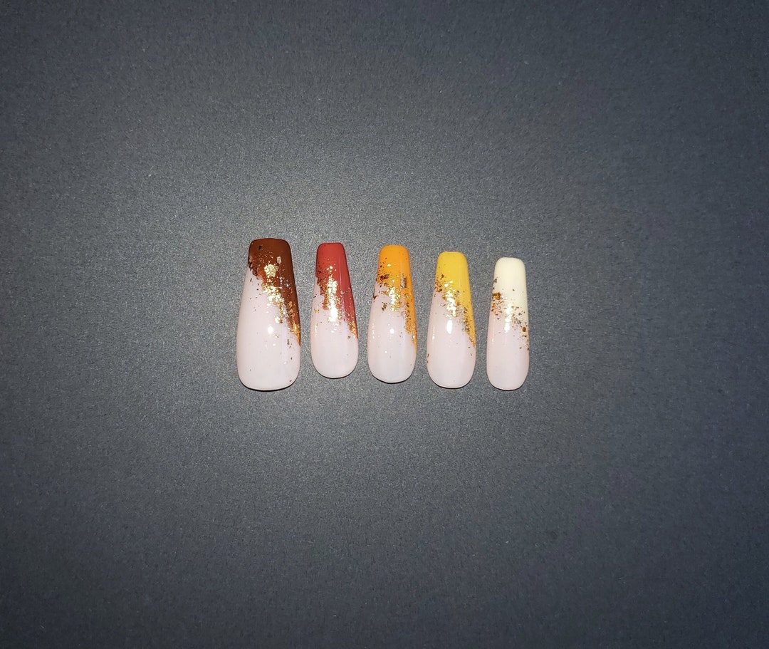 Autumn/fall Asymmetrical Multi-colored Press on Nails With Rose Gold ...