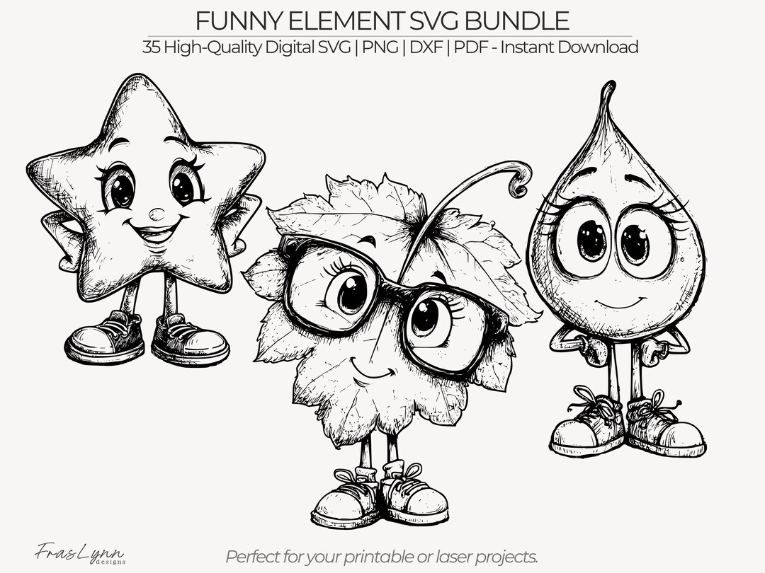 Funny Element Character Bundle SVG, 35 Element Line Art, Clipart ...