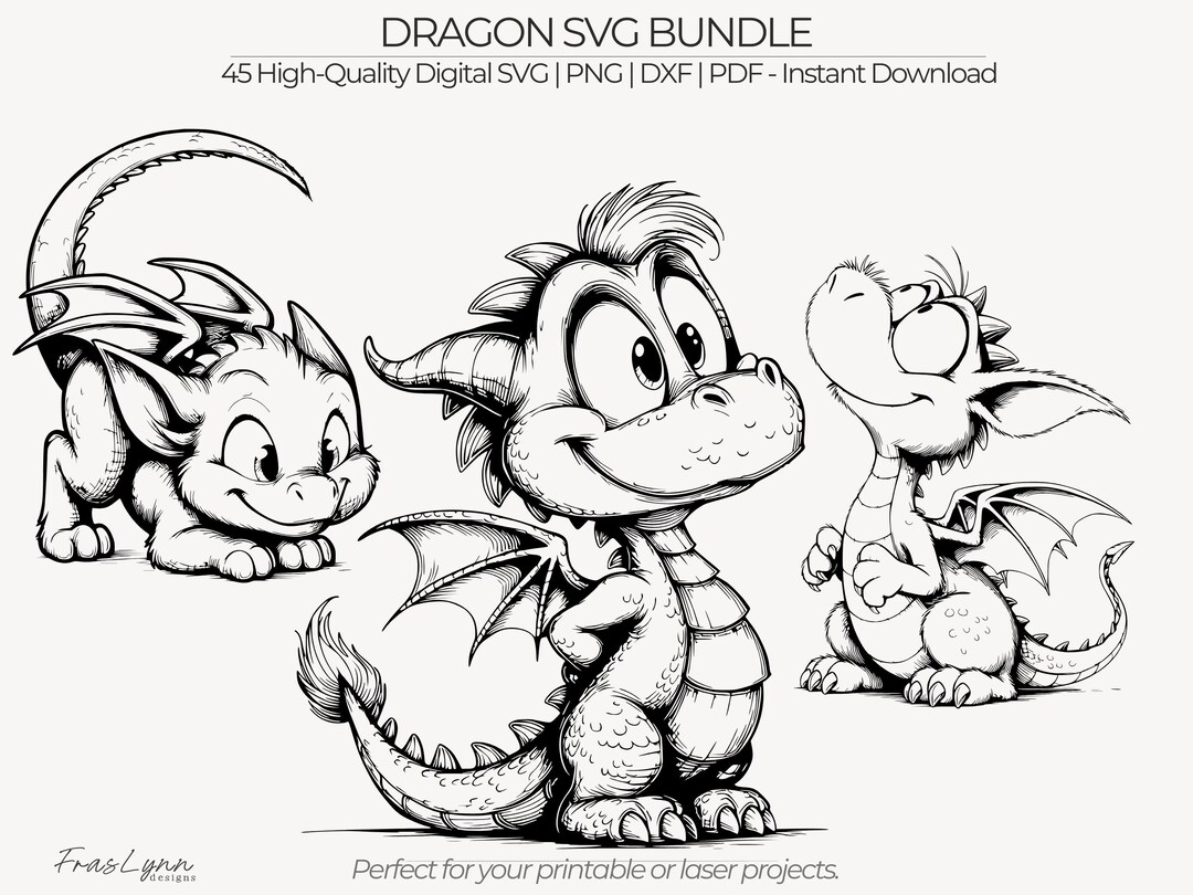 Dragon SVG Bundle, 45 Whimsical Dragons Line Art, Black and White ...