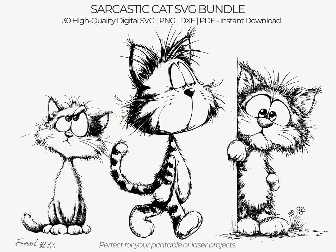 Sarcastic Cat SVG Bundle, 30 Animal Line Art, Clipart, Printable, Laser ...